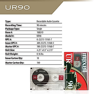 Maxell UR 90 Normal Bias Blank Audio Recording Cassette Tape, Low Noise, 90 Minute Recording Time, 5 Pack