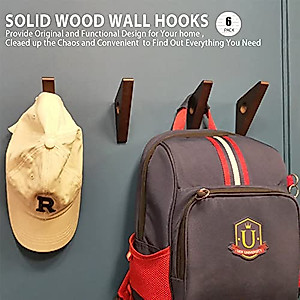 Wood Wall Hooks, Amoowis Coat Hooks Wall Mounted, 6 Packs Wooden Hooks Heavy Duty Robe Hook Hat Rack, Hooks for Hanging Bathroom Towels Clothes Hanger (Walnut Wood Color)