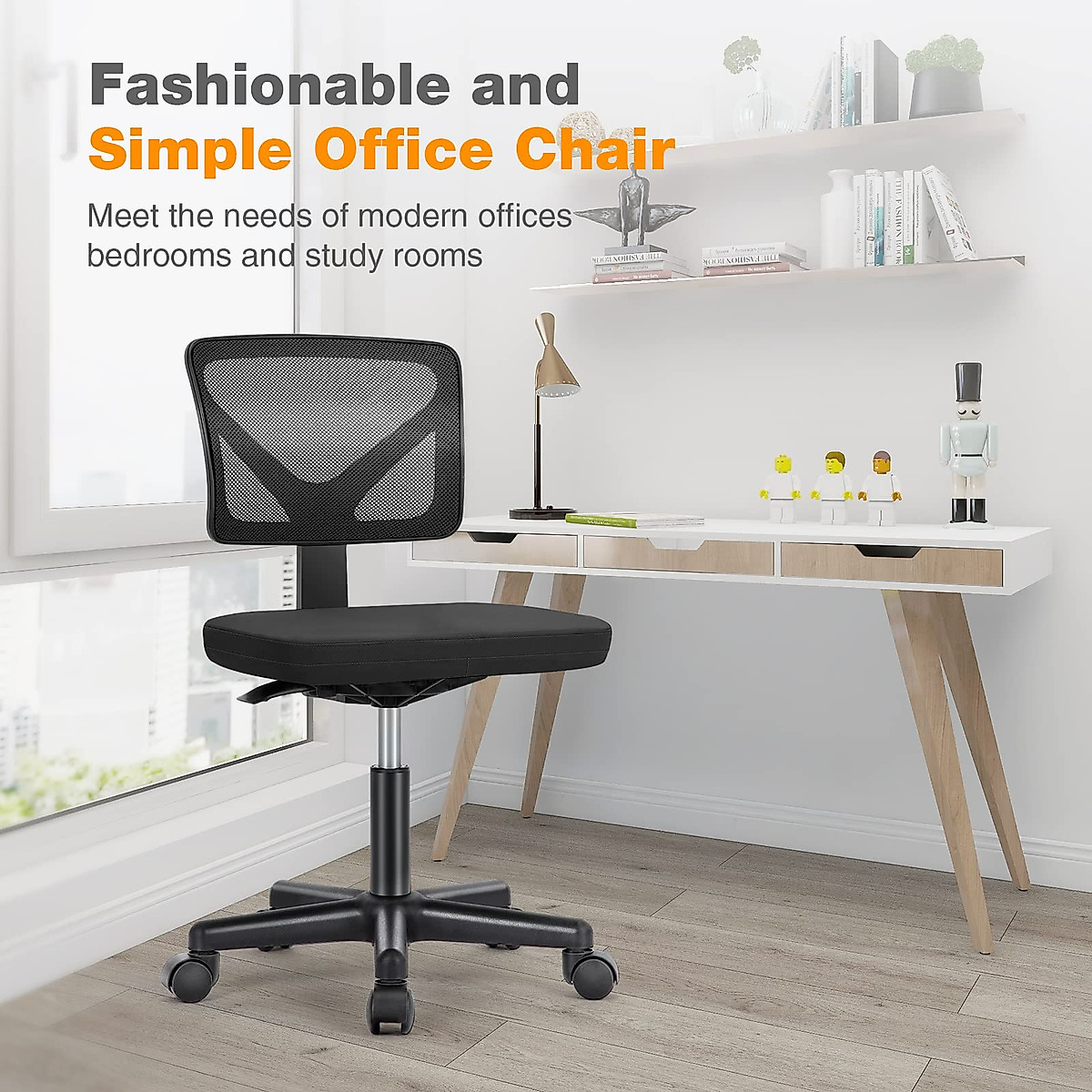 Sweetcrispy Armless Desk Chair - Small Home Office Chair with Wheels, Mesh Low Back Task Chair with Lumbar Support and Wheels, Adjustable Height 360° Rolling Swivel Computer Chair Without Arm