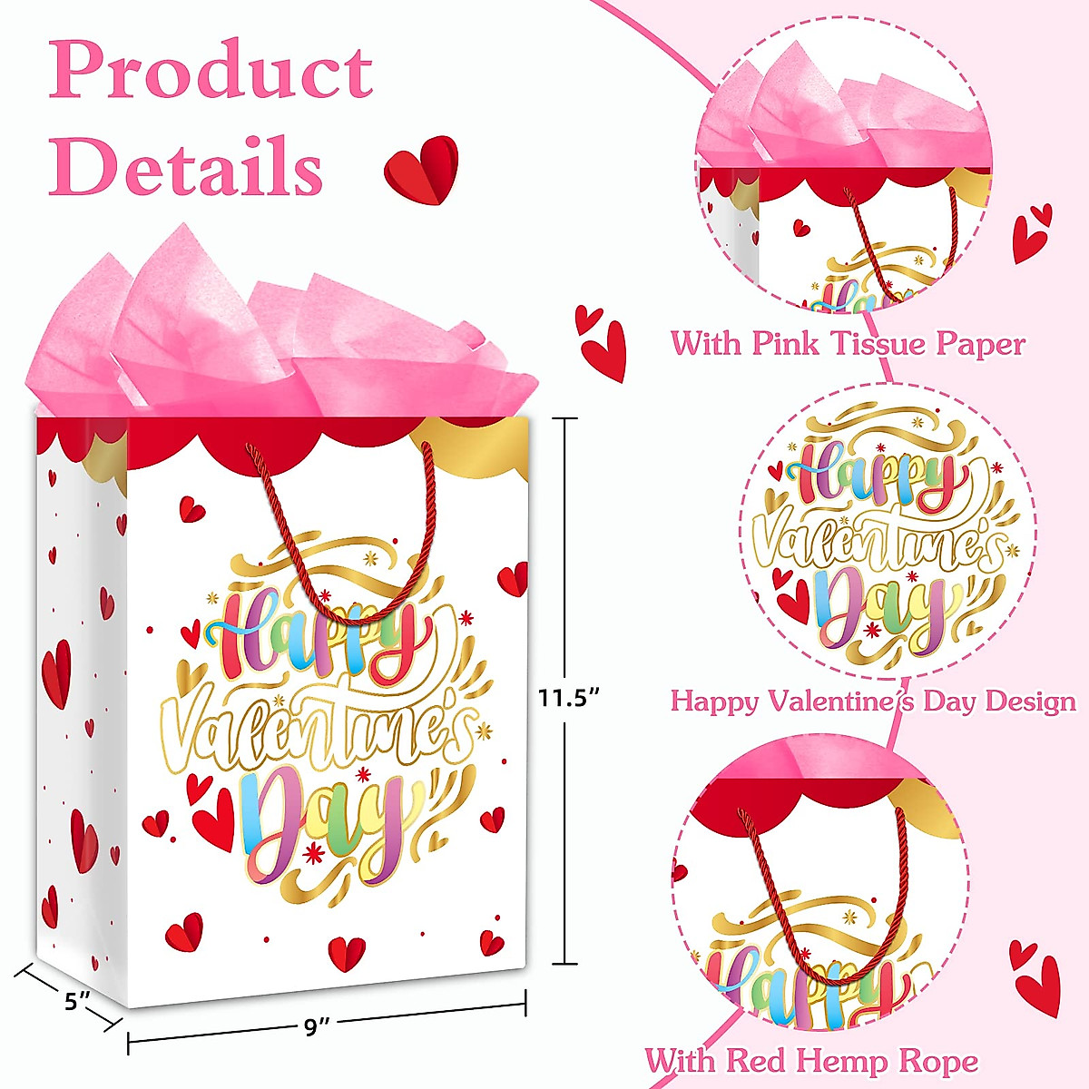 FLYAB Happy Valentines Day Gift Bag with Handle 11.5"x9"x5" Valentines Gift Bag with Tissue Paper Romantic Valentines Anniversary Wedding Gift Bags for Her Him Girlfriend Boyfriend Wife Husband Women