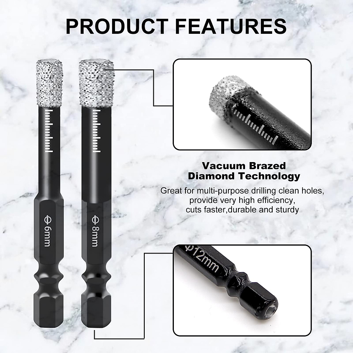 Quapkatt Dry Diamond Drill Bits Set 5 PCs for Granite Tile Ceramic Marble Stone Glass Size 1/4, 5/16, 3/8, 1/2, 5/9 inch with Quick Change Hex Shank Vacuum Brazed Diamond Core Drill Bit Kit