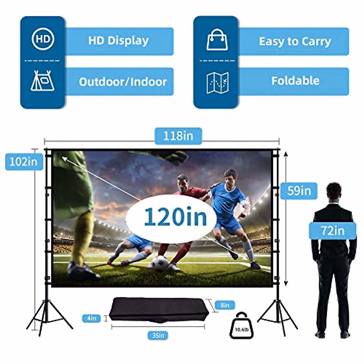 Projector Screen and Stand,Towond 120 inch Outdoor Projection Screen, Portable 16:9 4K HD Rear Front Movie Screen with Carry Bag Wrinkle-Free Design for Home Theater Backyard Cinema
