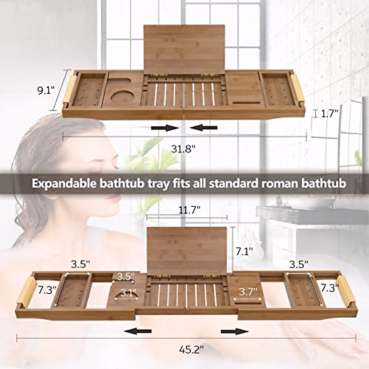 Bathtub Tray Bath Caddy Tray for Tub - Expandable Board and Book Stand Premium Leather Grip and Non-Slip Pat for Luxury Bath Bamboo Bathtub Table Tray for Home Spa and Gift Choice (Walnut)