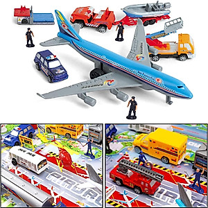 57 PCS Commercial Airport Playset with Airplane Toys, Play Vehicles, Fire Trucks, Police Cars & Figures, and Accessories in Storage Bucket for Kids Imaginative Play