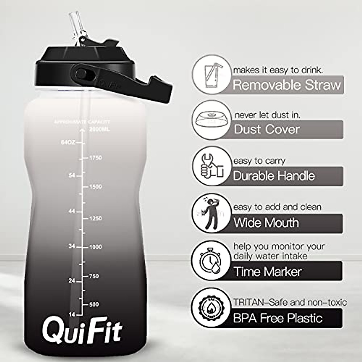 QuiFit Motivational Gallon Water Bottle - with Straw & Time Marker BPA Free 128/64 oz Large Water Jug Leak-Proof Durable for Fitness Outdoor Enthusiasts(Gray/Black Gradient, 64 oz)