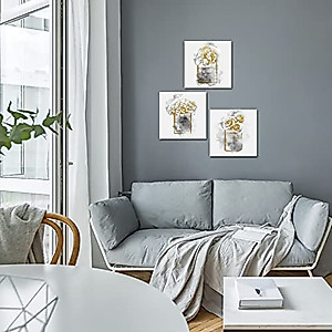 HOMEOART Gold Grey Flower Bathroom Decor Picture Perfume Bottle with Flower Fashion Canvas Wall Art Framed Ready to Hang 12x12inchx3Pieces