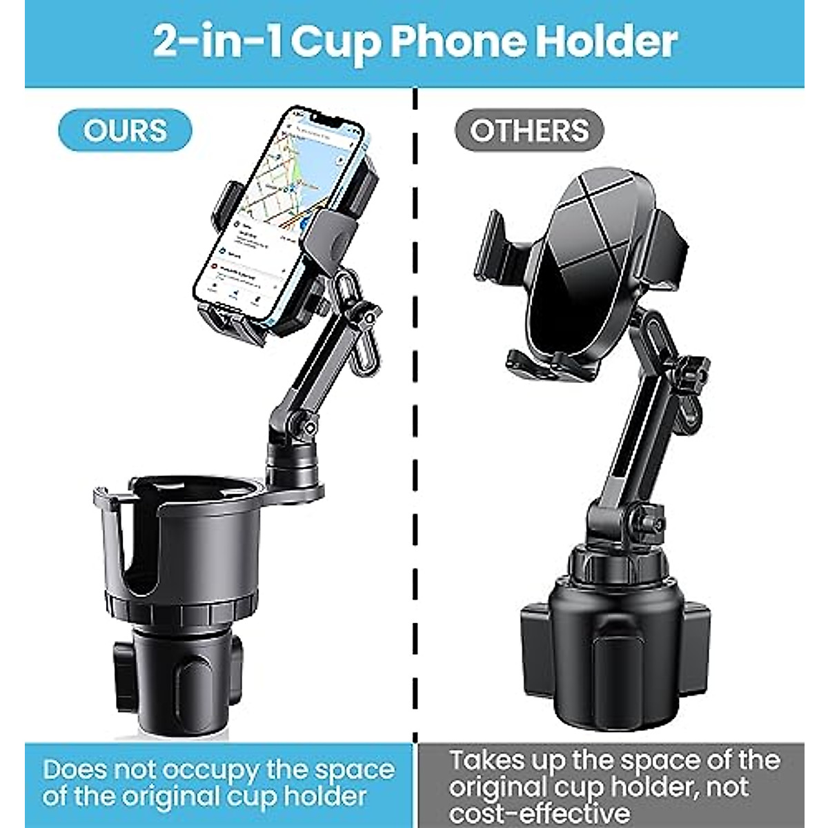 Cup Holder Phone Mount for Car, Adjustable Height Long Neck Cell Phone Cradle with Expandable Base, Car Truck Interior Accessories Compatible with iPhone Samsung Most Smartphones and Drink Bottles