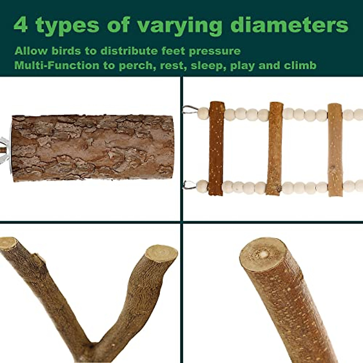 Luonfels Bird Perches Apple Wood Large Parrot Perch, 18" Ladder for Birds Cages Parakeet Conure Cockatiel Toys Accessories Pack of 4