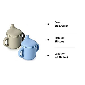 Potchen 2 Pieces Silicone Sippy Cup Training for Baby 6 months+ Soft with Straw Spill Proof Cups Toddlers Handles and Spout Lid Easy Grip 5oz (Blue, Green, Cute Style), (Pack of 1)