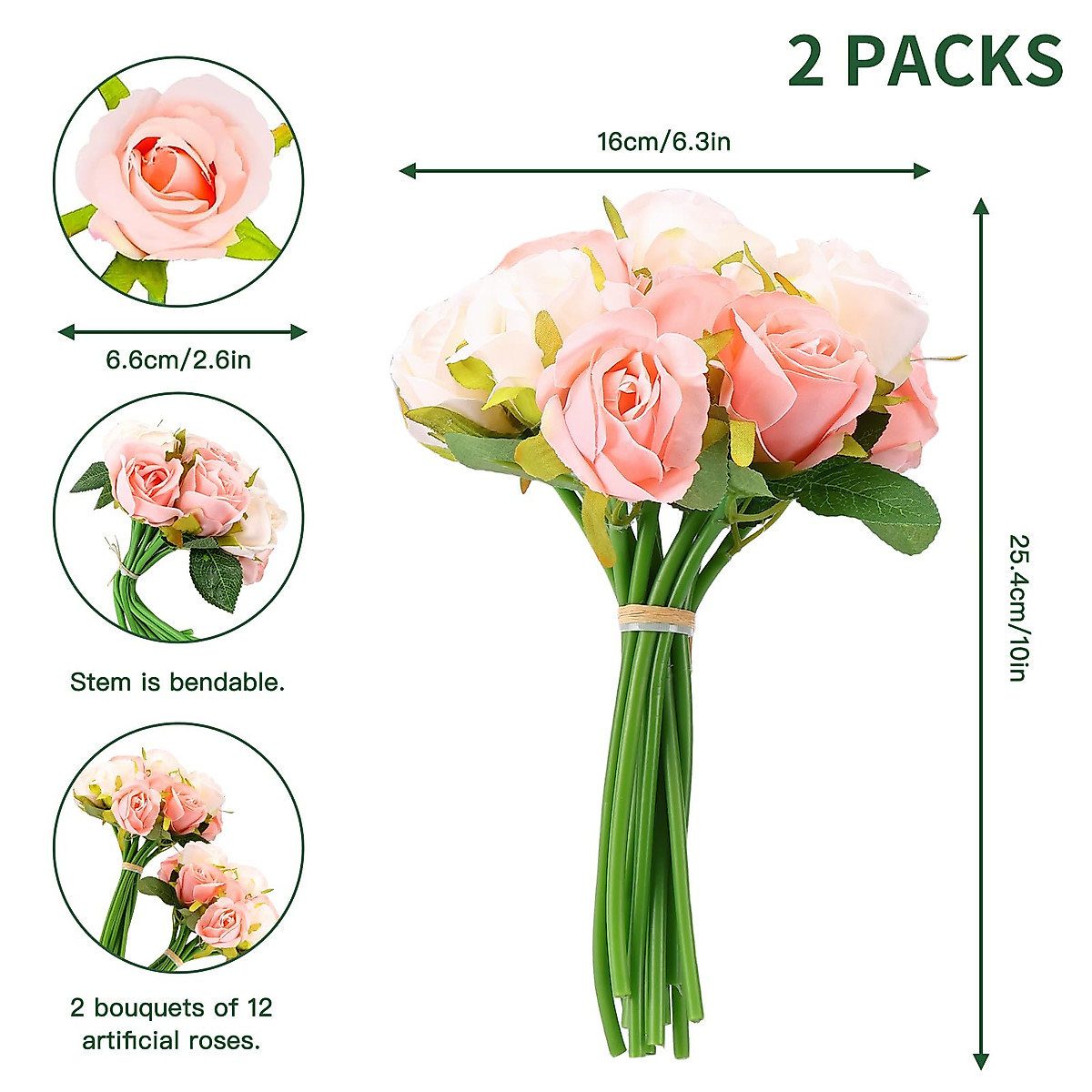 CEWOR 24 Heads Artificial Rose Flowers Bouquet Silk Flower Roses with Stems Home Bridal Wedding Party Festival Decor (2 Packs Champagne and Pink)