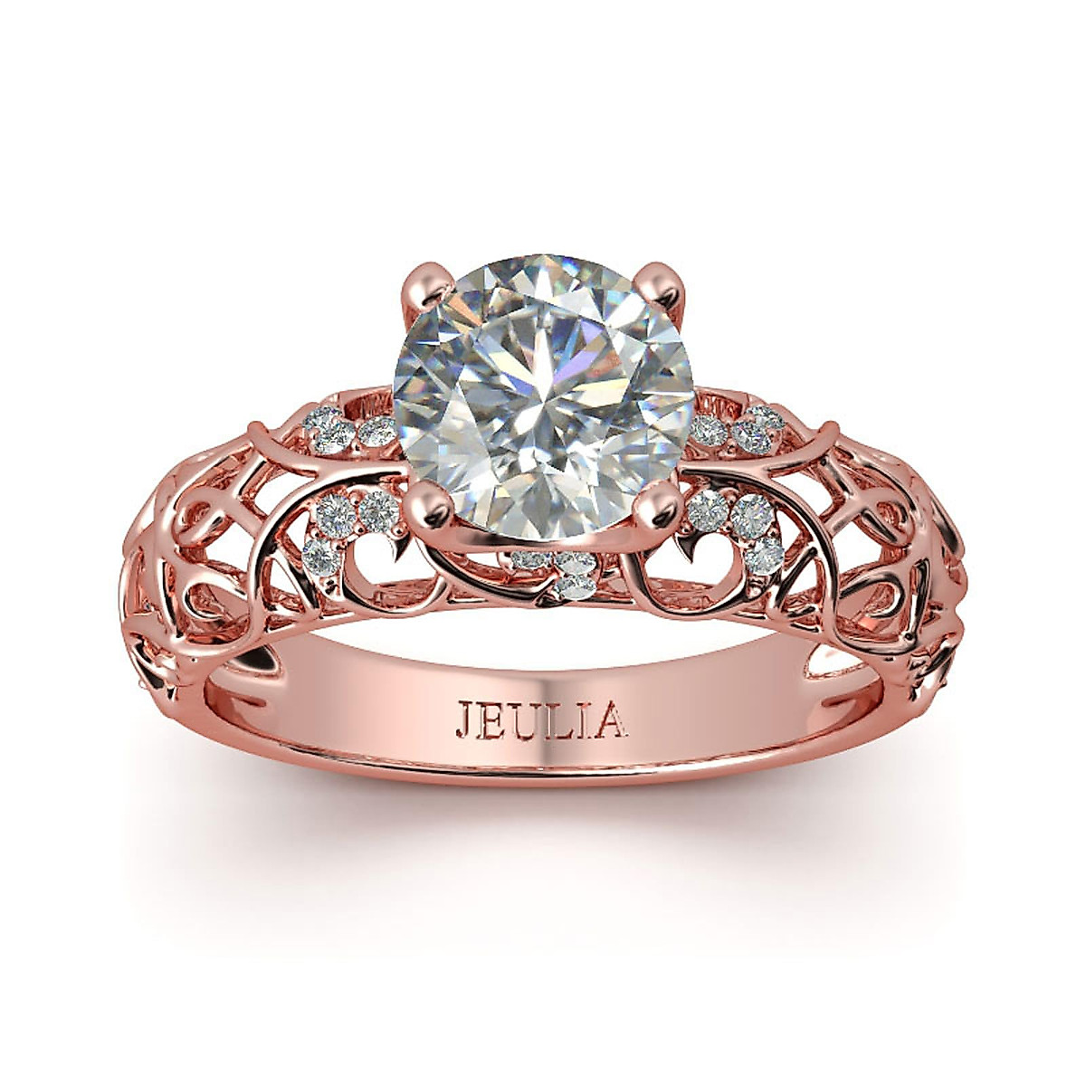 Jeulia 2 Carat Leaf Vines Rings for Women 925 Sterling Silver Rose Gold Plated Engagement Rings Round Cut Diamond Wedding Band Rings Solitaire CZ Promise Anniversary Rings Romantic Gift (Rose Gold, 8)