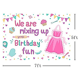 MEHOFOND 7x5ft Baking Cooking Girl Birthday Backdrop We are Mixing Up Some Birthday Fun Pink Cake Kitchen Party Table Banner Decor Photography Props Background Photocall Supplies