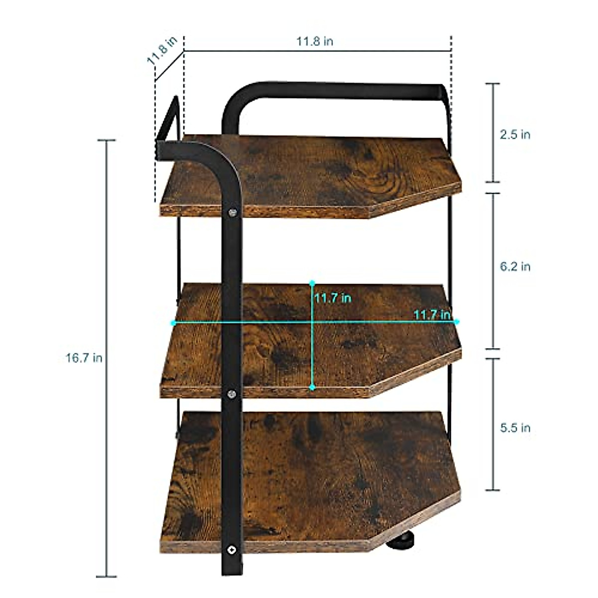 Liheya 3 Tier Kitchen Corner Shelf Organizer Rustic Cabinet Countertop Spice Storage Rack Stand, Bathroom Corner Shelves Caddy Bench Display Shelf, Rustic Brown