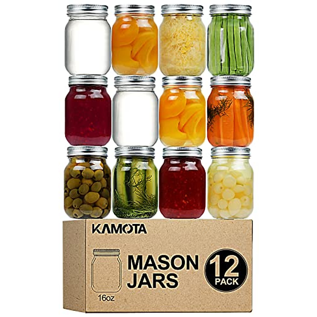 KAMOTA Mason Jars 16 OZ With Regular Lids and Bands, Ideal for Meal Prep, Jam, Honey, Wedding Favors, Shower Favors, Baby Foods, DIY Spice Jars, 12 PACK, 20 Whiteboard Labels Included