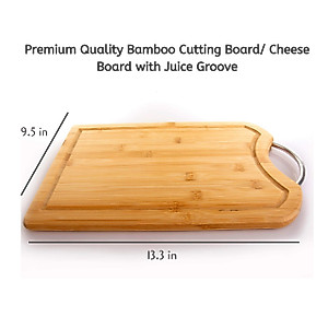 Organic Bamboo Cutting Board with Juice Groove- Best Kitchen Chopping Board for Meat (Butcher Block) Cheese and Vegetables | Anti Microbial Heavy Duty Serving Tray w/Stainless Steel Handles
