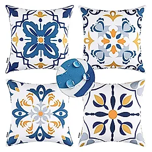 MIULEE Outdoor Waterproof Throw Pillow Covers Set of 4 Fall Boho Floral Pattern Farmhouse Luxury Decorative Square Pillowcases for Chair Patio Garden Couch Tent Balcony Sofa 18x18 Inch Blue