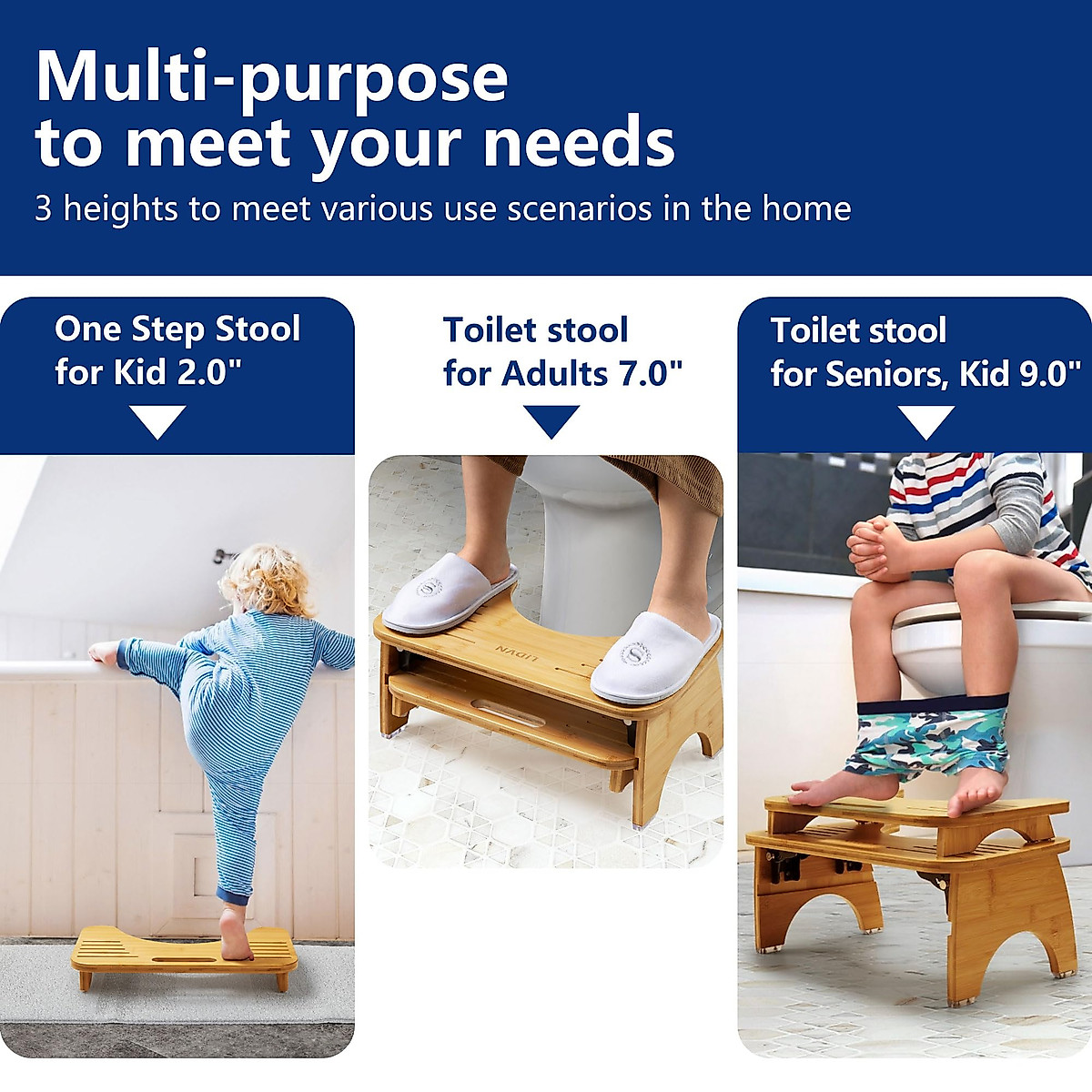 Double-Layer Toilet Stool Squat Adult and Kids 7 Inches & 9 Inches Poop Stool for Bathroom,Toilet Foot Stool Foldable,Bamboo Toilet Step Stool,Sturdy & Non-Slip