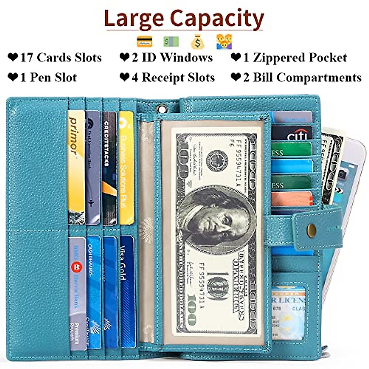 SENDEFN Women's Wallet Large Capacity RFID Blocking Leather Wallets Credit Cards Organizer with Checkbook Holder