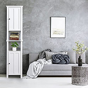 Unovivy Tall Bathroom Storage Cabinet Floor Standing Freestanding Linen Tower with 2 Doors & 6 Shelves, 15.7X 11.8X 66.9 Inches, for Living Room, Kitchen, Off-White