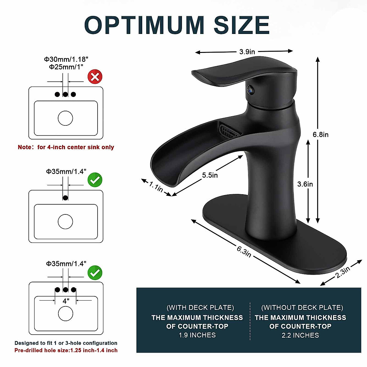 Waterfall Bathroom Faucets for Sink 3 Hole / 1 Hole, Matte Black Bathroom Faucet Ceramic Valve Leak-Proof Black Sink Faucet Bathroom Faucet for Bathroom Sink with Pop up Drain & Base Plate