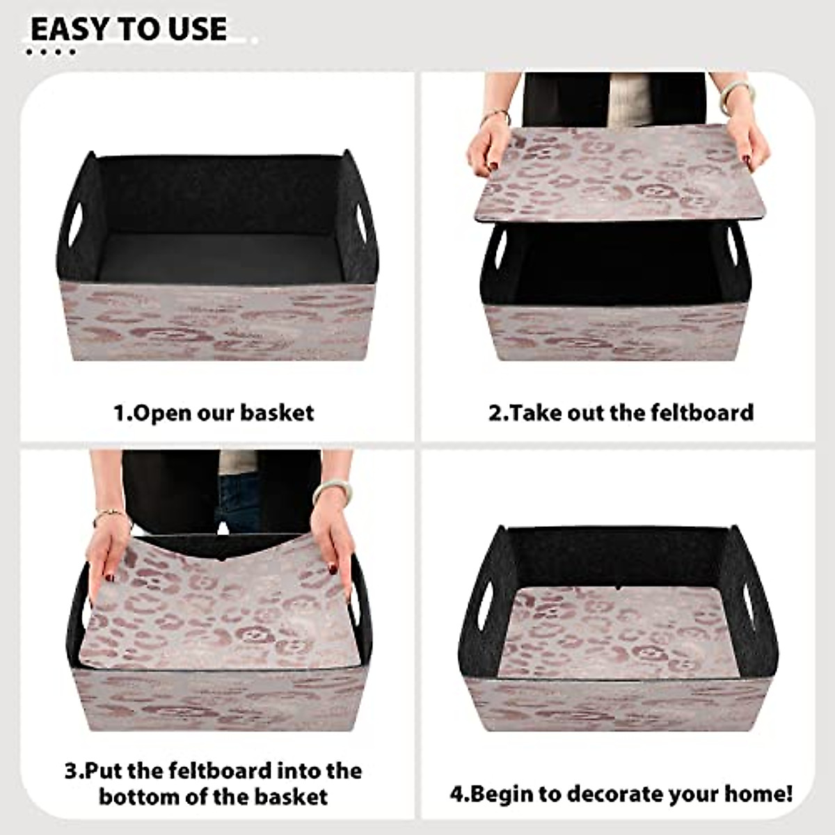 Kigai Collapsible Felt Storage Bins Rose Gold Leopard Print Rectangle with Handle Storage Bins Baskets Toys Storage Basket for Organizing Closet Clothes Office Books Home Decor