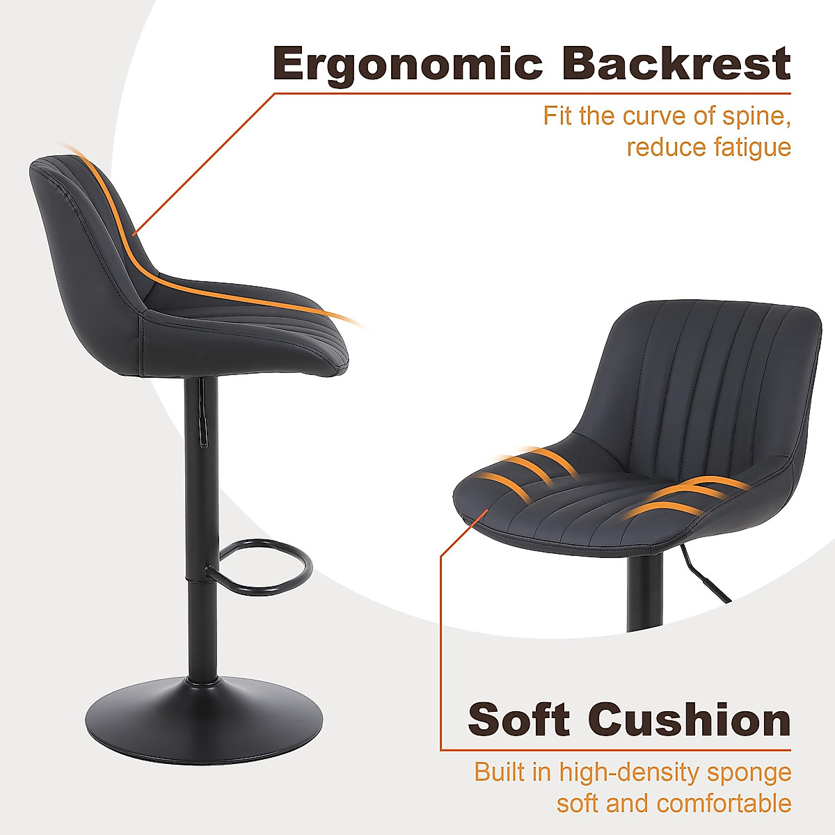 Youhauchair Bar Stools Set of 2, Swivel Counter Height Barstools with Back, Adjustable PU Leather Bar Chairs, Modern Armless Kitchen Island Stool, Black