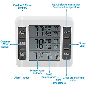 Fridge Thermometer, Digital Freezer Thermometer, Wireless Thermometer with 2 sensors and Acoustic Alarm, Refrigerator Freezer Inside Outside Thermometer, for Kitchen Home Motorhome