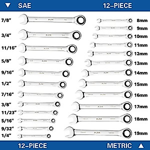 XJX 24PCS Ratcheting Combination Wrench Set | SAE & Metric | 12 Point | 1/4”to 7/8” and 8-19mm | CR-V Steel | Ratchet Wrenches Set with Portable Roll-Up Pouch
