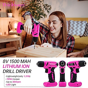 64PCS Pink Tool Set with Cordless Drill, 8V Power Drill and Pink Tool Kit for Women, 3/8"Keyless Chuck Electric Screwdriver Driver Kit for Home DIY and Repair, USB Charger and Storage Box Included