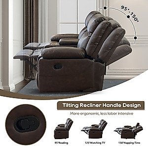 PALLOME Loveseat Recliner Sofa, PU Leather Sofa Couch, Manual Recliner Loveseat with Console, Double Reclining RV Sofa with Cup Holders and Side Pocket for Living Room/Office/Apartment (Brown)
