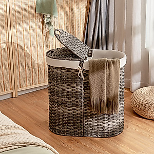 Giantex Double Laundry Hamper with Lid, Oval Laundry Basket with 2 Removable Liner Bags, Portable Handwoven Clothes Sorter Bin for Living Room Bedroom Laundry (Gray)