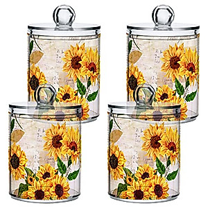 DOMIKING 4 Pack Acrylic Organizer for Cotton Ball Floss Picks Hair Clips Watercolor Vintage Sunflowers Clear Plastic Vanity Canister Cotton Ball Holder Dispenser Bathroom Storage Essentials