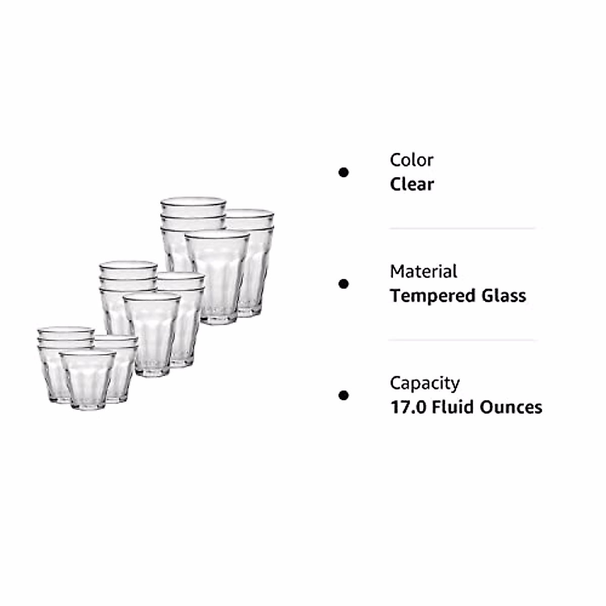 Duralex Picardie 18 Piece Clear Tempered Glass Drinkware and Tumbler Cup Set for Wine, Tea, Water, and Cocktails