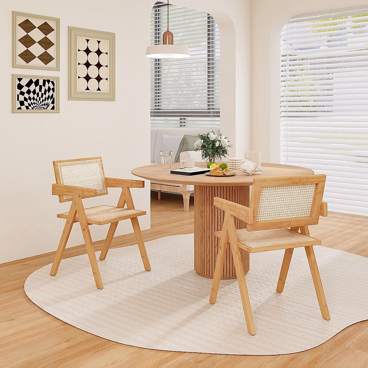 Giantex Boho Cane Dining Chairs Set of 2, Max Load 330 Lbs, Wooden Dining Chairs, Bamboo Accent Armchair for Living Room, Dining Room, Natural