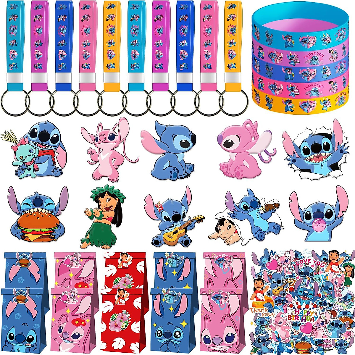 desmilo 90pcs Birthday Decorations Include 10 Bracelets, 10 Keychains, 10 Acrylic Button Pins, 10 Paper Bags, and 50 Stickers, Party Supplies for Birthday Party Favors Set