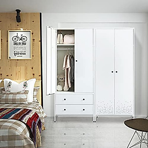 CJF Metal Storage Wardrobe with Hanging Rod, Armoire with 2 Doors and 2 Drawers，Steel Wardrobe Closet for Home, Office 74" H x 31.5" W x 20" D (White)