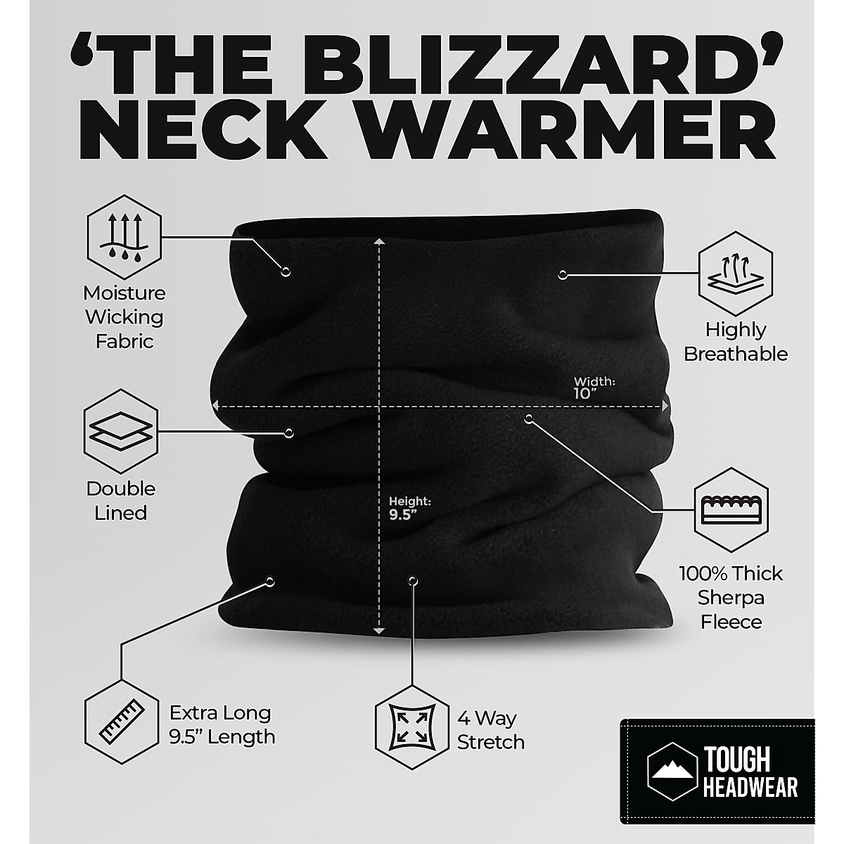 Tough Headwear Neck Warmer - Fleece Neck Gaiter, Winter Face Cover & Ski Scarf - Neck Cover for Men & Women for Cold Weather Black