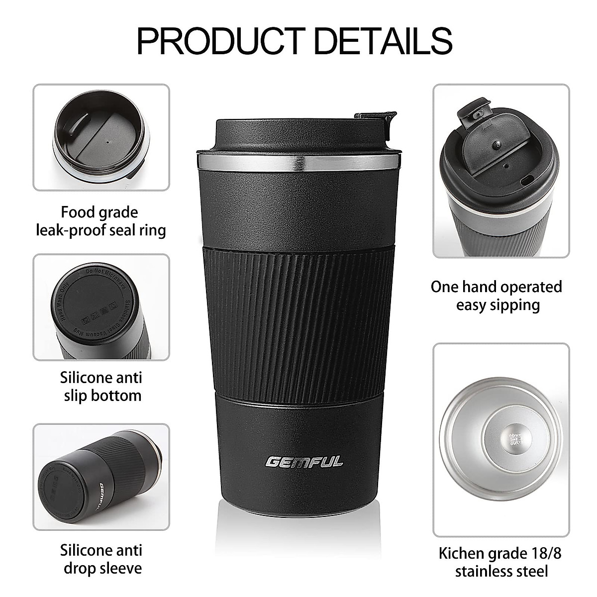 GEMFUL 17oz Travel Coffee Mug To Go Cup with Lid Stainless Steel Insulated Reusable Tumbler Leak Proof Coffee Lovers Gifts for Hot Cold Drinks Women Men Office Car Blue