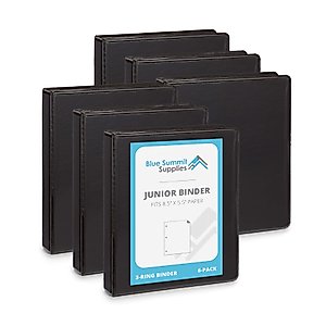 Blue Summit Supplies Mini 3-Ring Binder, Junior 1 Inch Mini Binder, Small 3-Ring Binder, Small Size Fits 5 1/2 x 8 1/2 Binder Paper, Set of Small Binders Ideal for Playbills or Planner, Black, 6 Pack