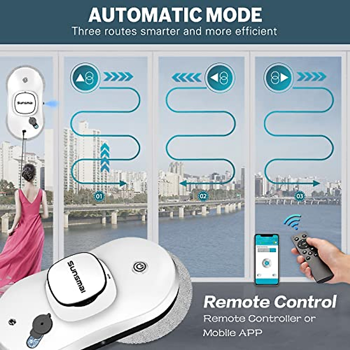 Window Cleaning Robot, SUNSMAI Smart Window Vacuum Cleaner with Automatic Water Spray, Remote Control Robot Window Washer for Windows/Tiles/Glass Door(White)