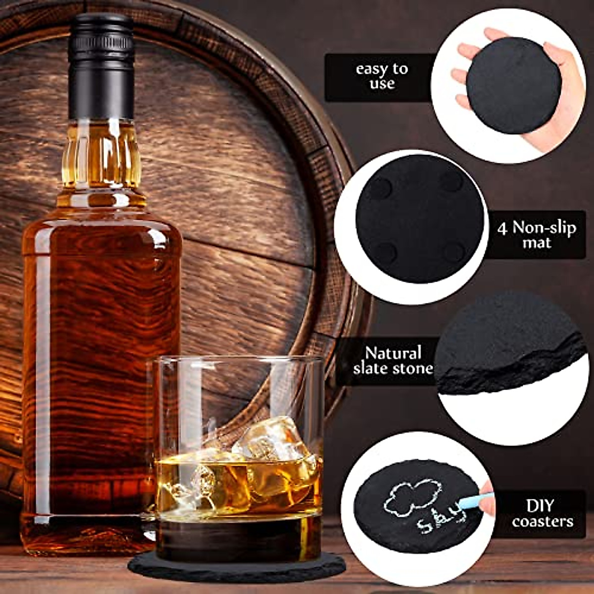 30 Pieces Round Slate Coasters Drink Coasters Bulk, 4 Inch Stone Coasters Bar Coasters Black Cup Coaster with Anti Scratch Bottom for Home Drinks Table Kitchen Housewarming Gifts