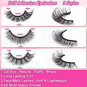 Self Adhesive Eyelashes 3 Styles False Lashes Natural Look Wispy Cat Eye Fake Eyelashes Reusable Adhesive Natural Lashes