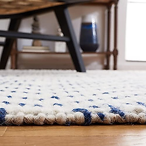 SAFAVIEH Natura Collection Accent Rug - 4' x 6', Ivory & Blue, Handmade Moroccan Boho Farmhouse Tribal Braided Tassel Wool, Ideal for High Traffic Areas in Entryway, Living Room, Bedroom (NAT184M)