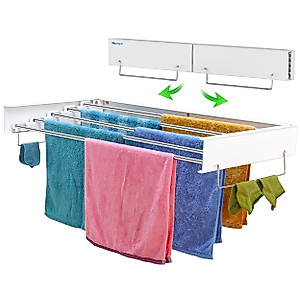 MaiHongda Invisible Wall Mounted Laundry Clothes Drying Rack Clothing Retractable Wall Hanger Collapsible Hanging Towel Holder for Laundry Bathroom Indoor/Outdoor(White,5 Rods,32")