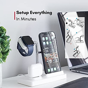 Macally Airpod iPhone Apple Watch Stand Holder - A Home for Your Devices - Compatible with All iPhone, iWatch, Airpod Series - Use Only OEM Cables - 3 in 1 Cell Phone Charging Stand (White)
