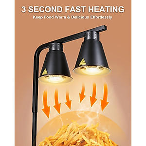 Food Heat Lamp: [2 Rapid-Heating Bulbs Included] Electric Commercial Food Warmer Lamp with Free-Standing, Heat Lamp for Food Catering Food Warming Lamp for Buffet Parties, 500W (Painted Black)