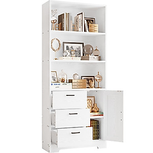IRONCK Bookshelf with Door and 3 Drawers, 71in Tall Bookcase Shelf with 3-Tier Shelves, for Bedroom Living Room Entrance Hallway Home Office