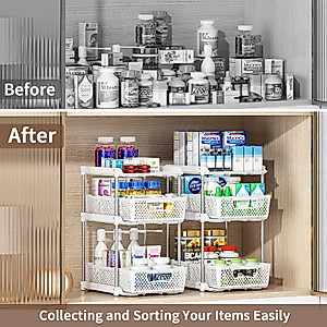 DABIGE 2Pcs 3 Tier Bathroom Organizers and Storage, UPGRADE WIDER BOLDER, Pull Out Under Sink Organizer with Dividers, Kitchen Pantry Organizers and Storage, Bathroom Storage Cabinet - White