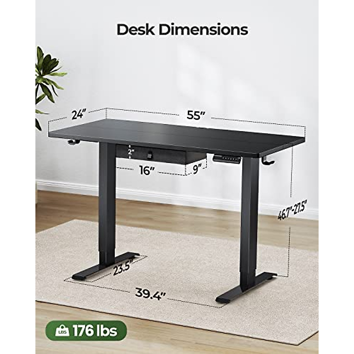 Marsail Electric Height Adjustable Standing Desk with Drawer - 55x24 Inch Ergonomic Workstation for Home Office, Computer and Gaming