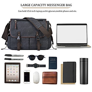 Vintage Canvas 15.6 inch Laptop Messenger Bag for Men Women, College Computer Satchel Shoulder Bag Travel Work Office Briefcases (Black)